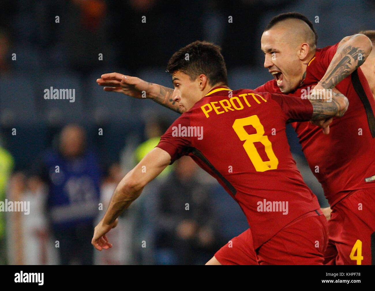 Rome, Italy. 18th Nov, 2017. Roma s Diego Perotti, left, celebrates ...