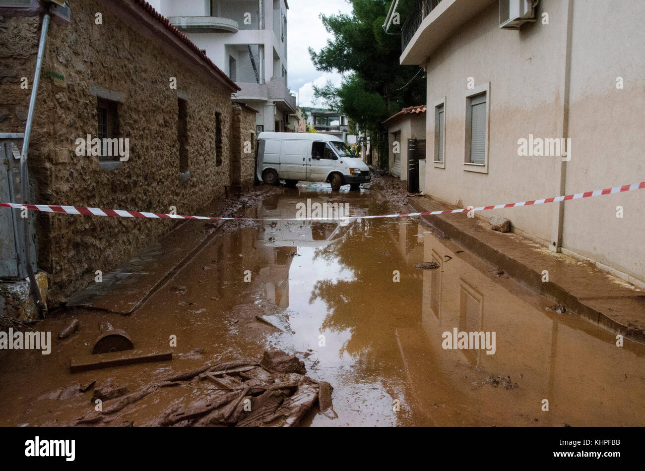 Mandra, Greece. 18th Nov, 2017. The city of Mandra after the flood. A ...