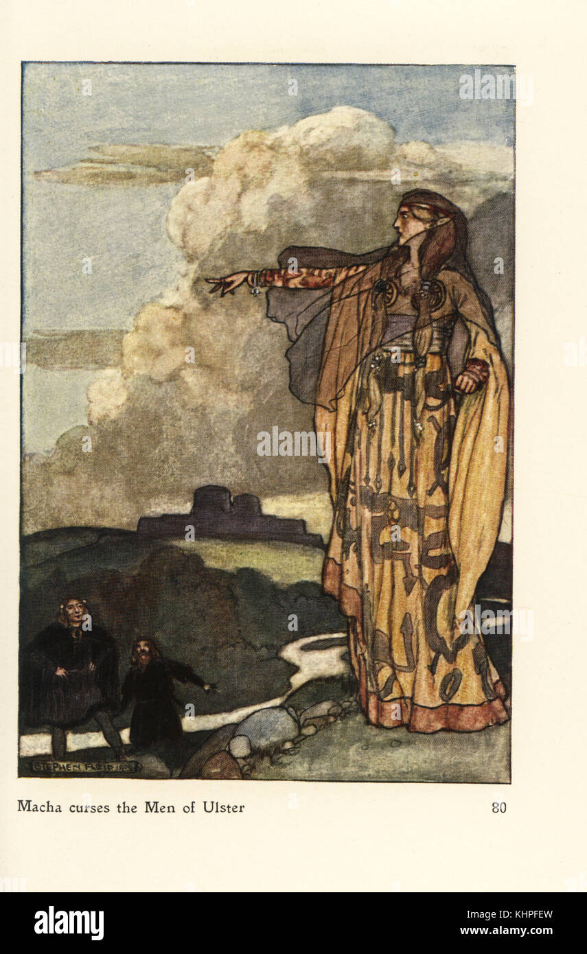 The goddess Macha curses the Men of Ulster. Chromolithograph after an ...
