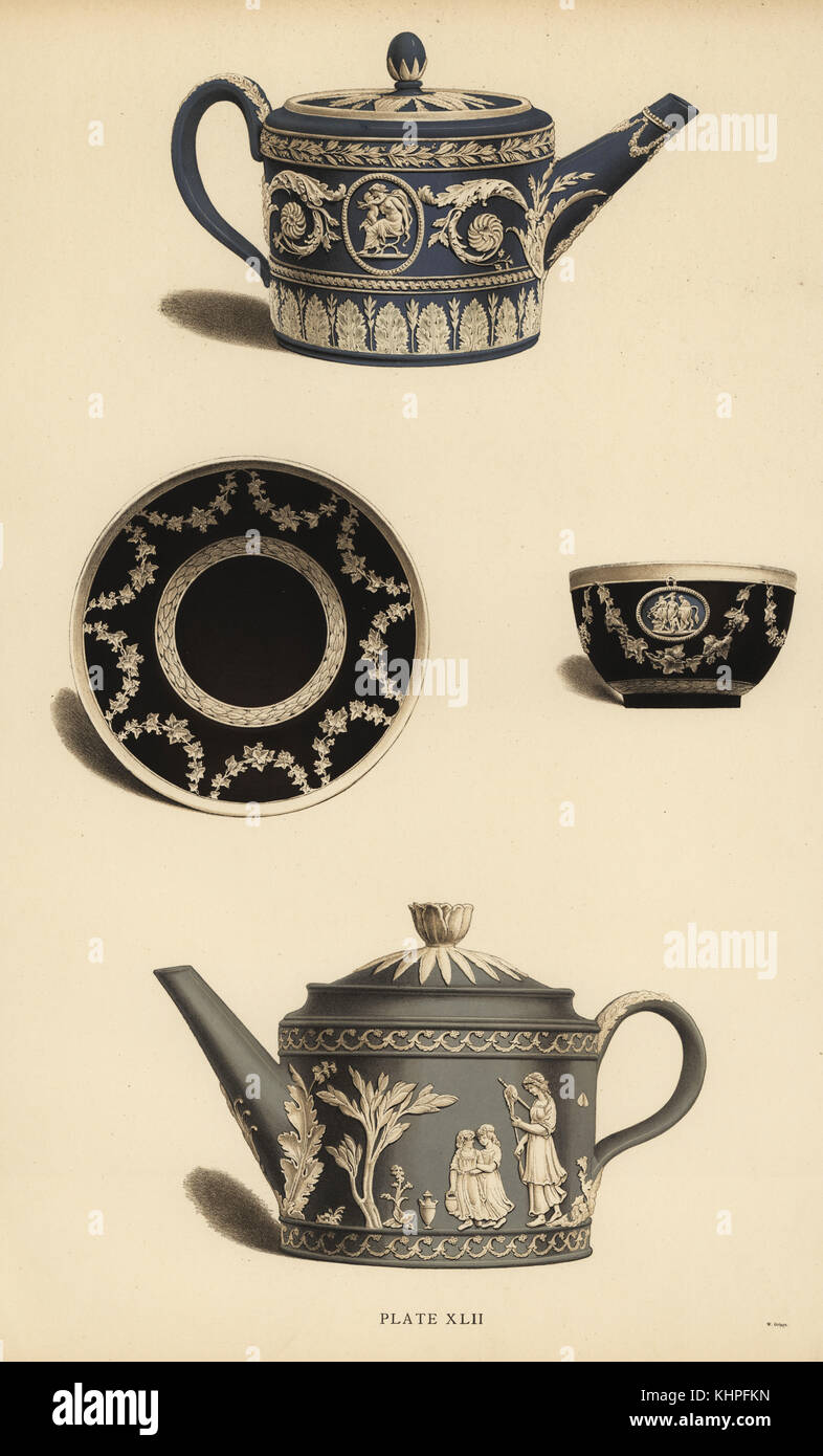 Teapot with Venus and Cupid, cup and saucer with medallion, and teapot ...