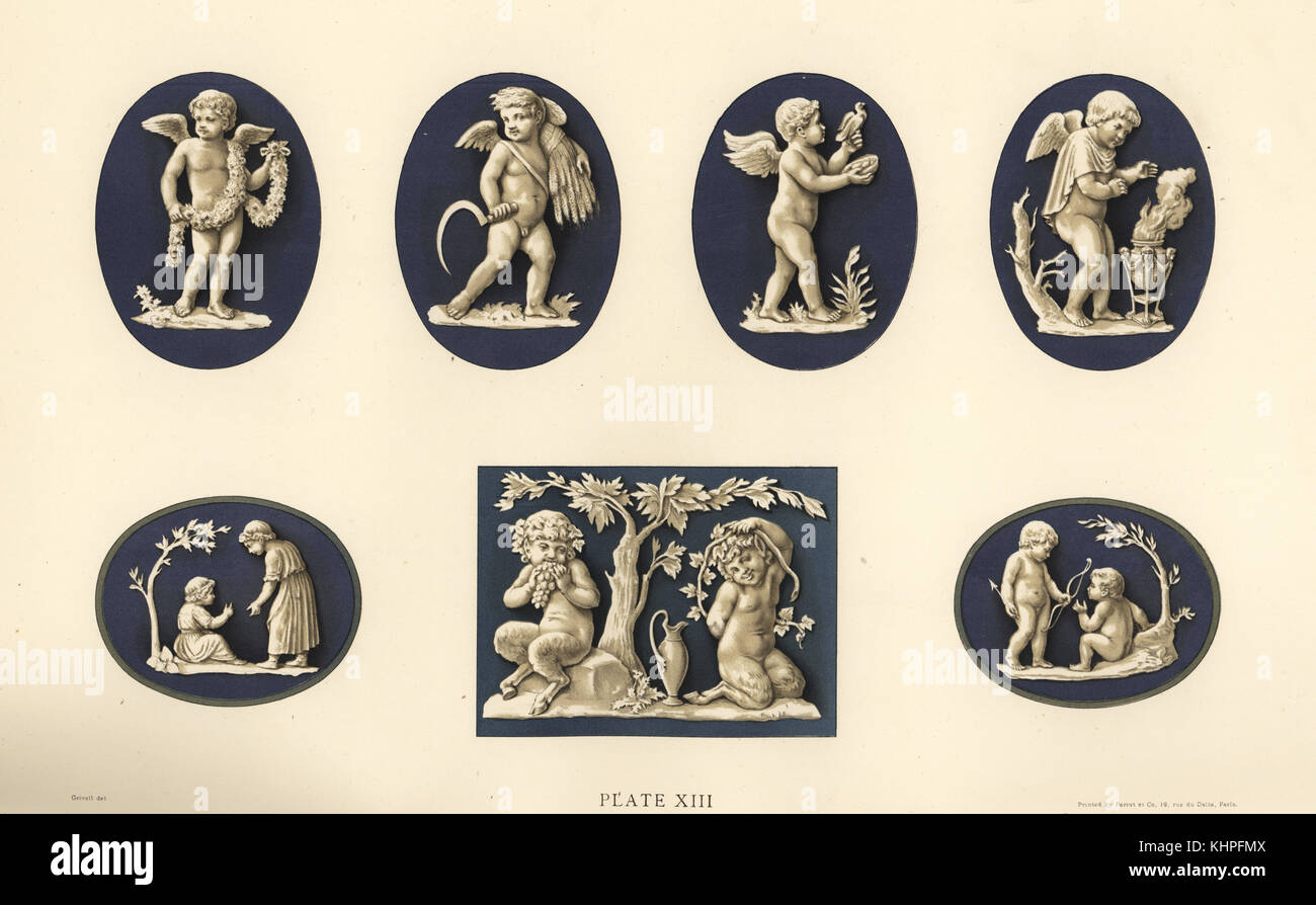 Set of four medallions of Cupids as seasons, two ovals of children by ...