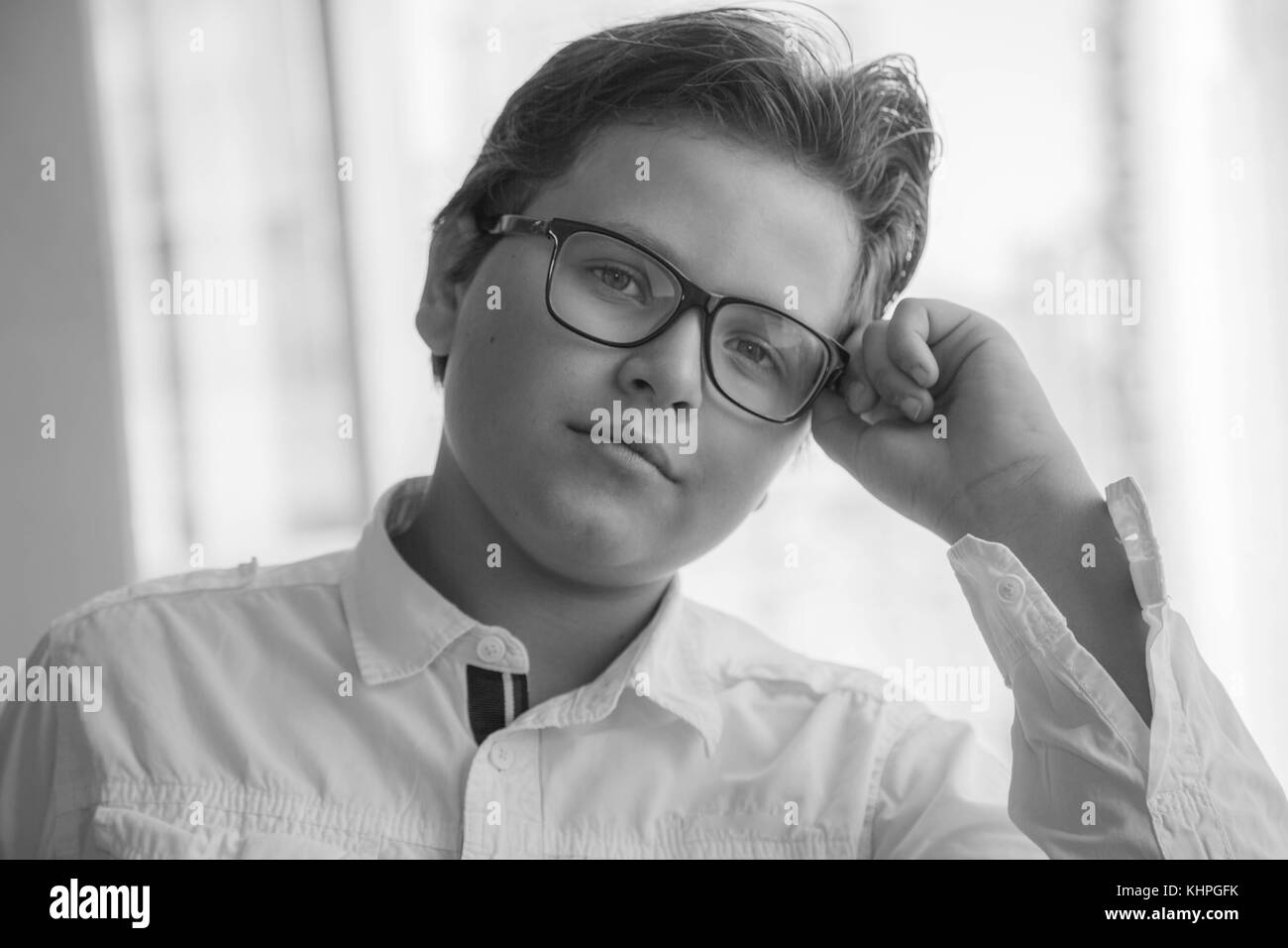 Portrait cute confident child looking camera black white Stock Photo ...