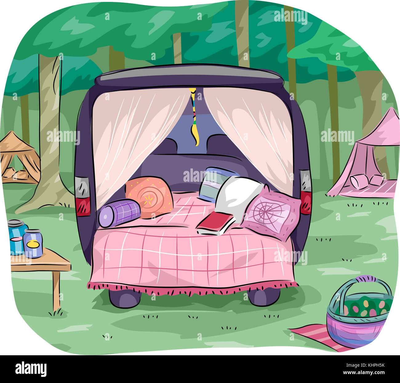 Colorful Illustration of a Glamorous Camping Set Up Mounted on a Van ...
