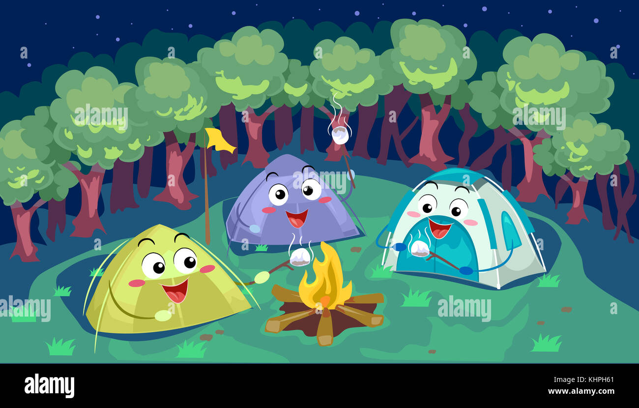 Mascot Illustration of a Group of Camping Tents Cooking Smores Together ...