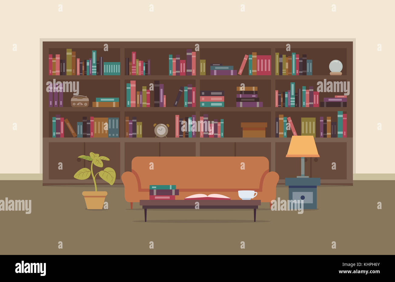 Flat Illustration of a Personal Library Featuring a Large Bookshelf ...