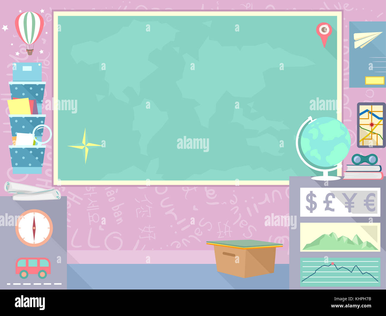 Colorful Illustration Featuring a Geography Themed Bulletin Board ...