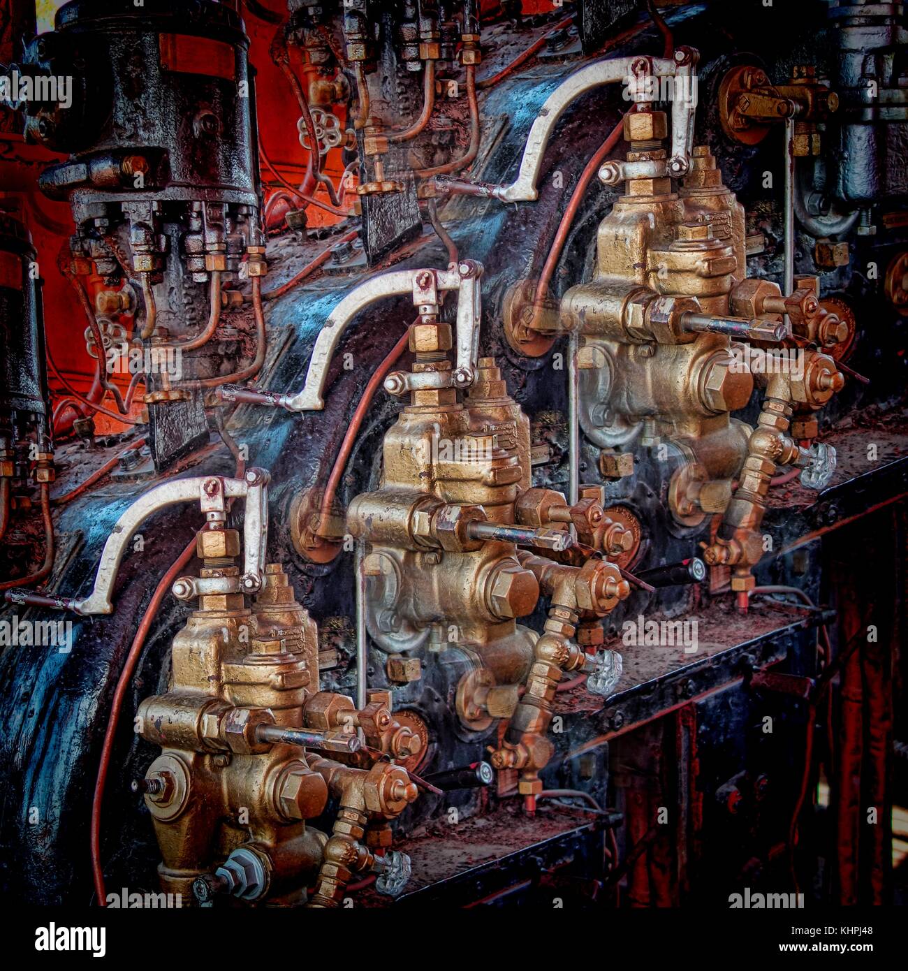 Tiled controls and other parts of a historic steam locomotive's engine ...