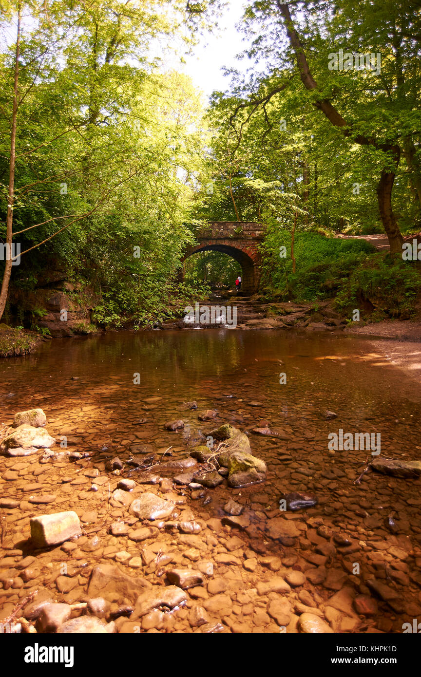 Scenic view of Little Beck flowing under traditional stone bridge in ...
