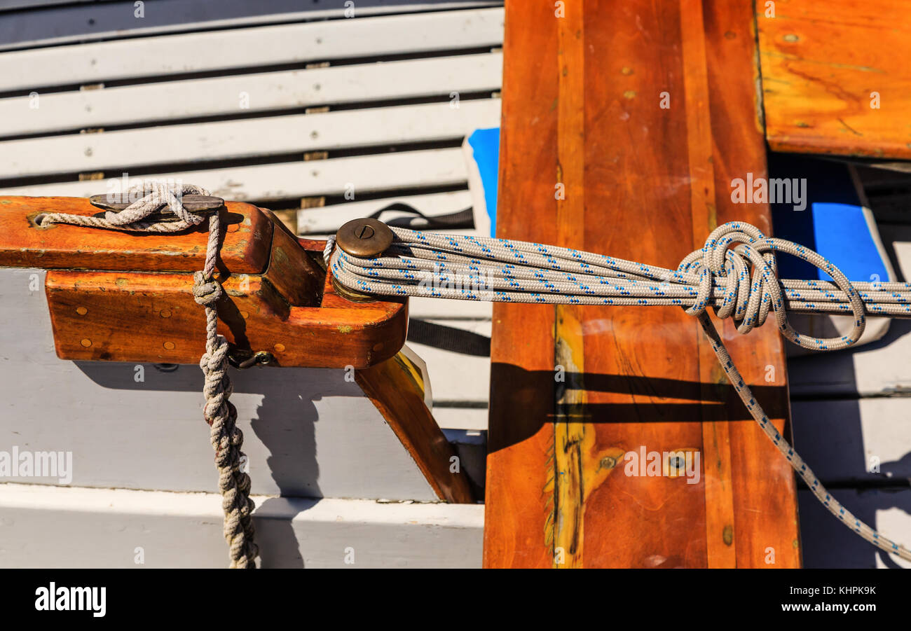 Ropes, rigging and details of equipment on an old sailboat Stock Photo ...