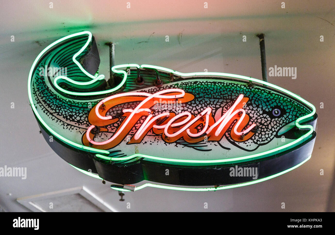 Neon Sign for Fresh Fish in Market Stock Photo - Alamy