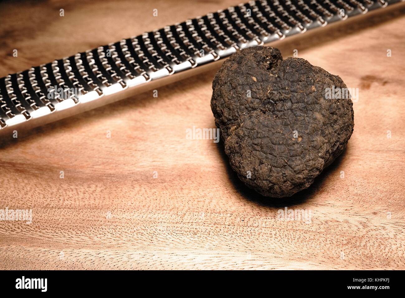 Rare black Italian truffle and metal grater on a wooden cutting board ...