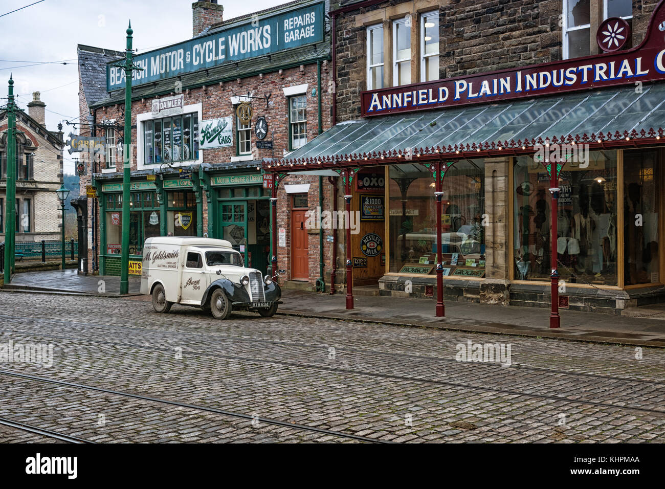 Van and shops at Beamish museum Stock Photo - Alamy