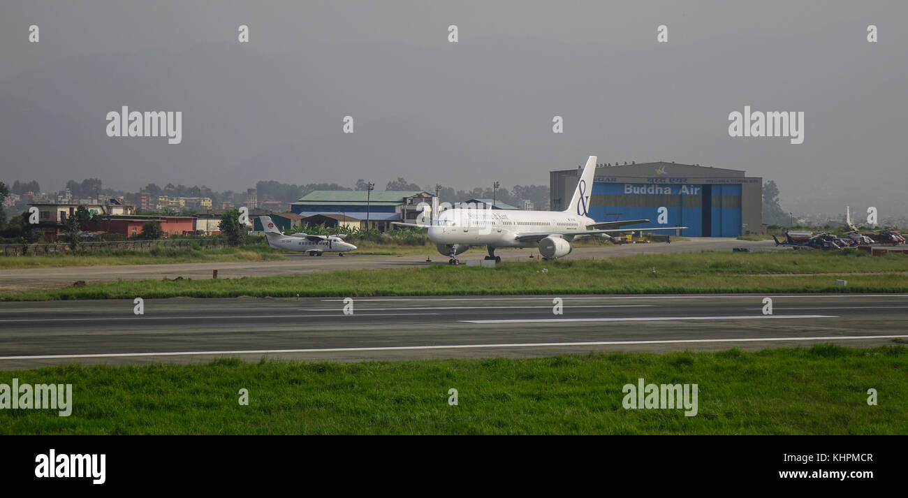 Kathmandu, Nepal - Oct 17, 2017. An airplane at Tribhuvan Intl Airport ...