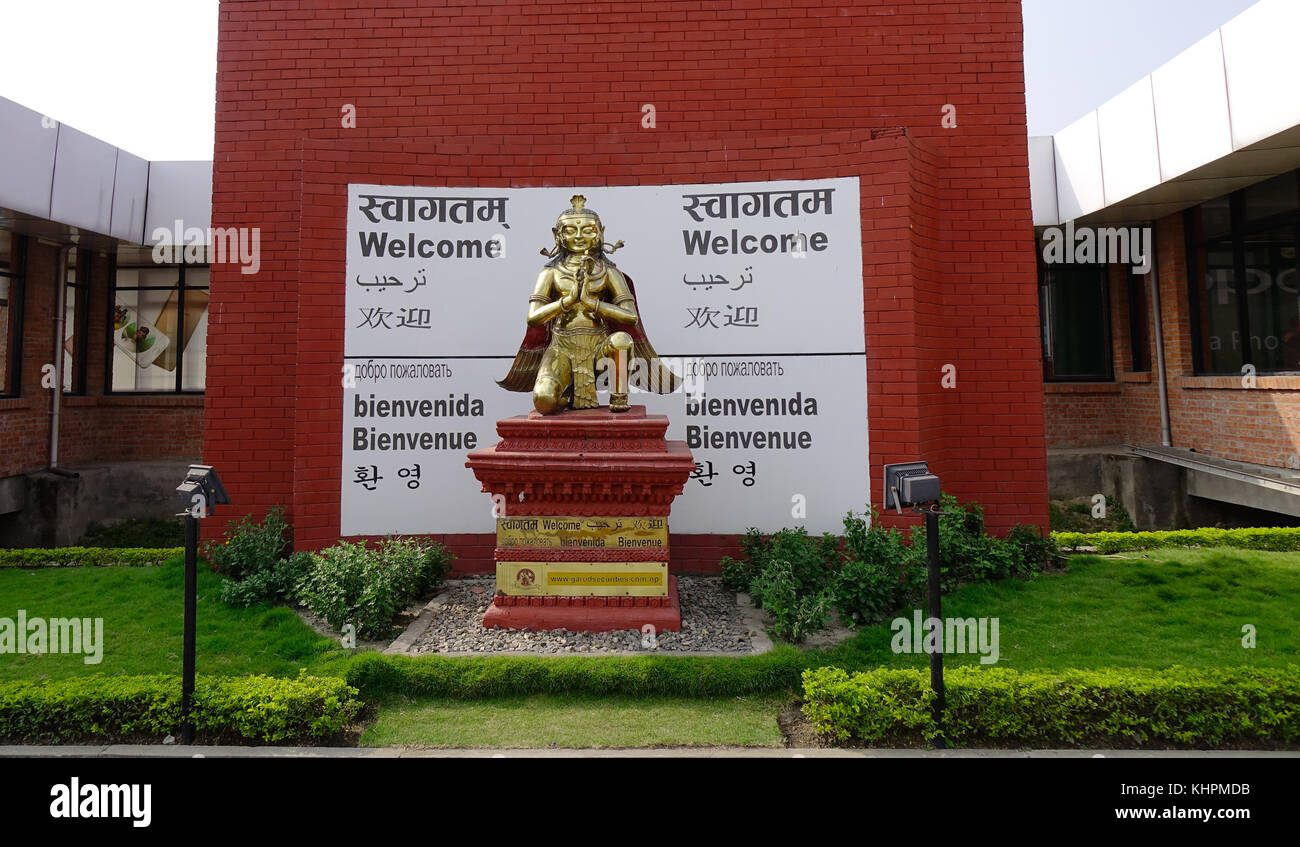 Kathmandu, Nepal - Oct 17, 2017. Golden God Statue at Tribhuvan Intl ...