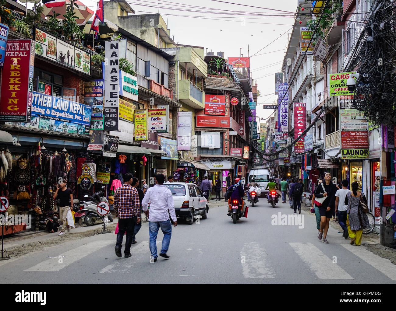 Kathmandu, Nepal - Oct 17, 2017. People walking on street at Thamel ...