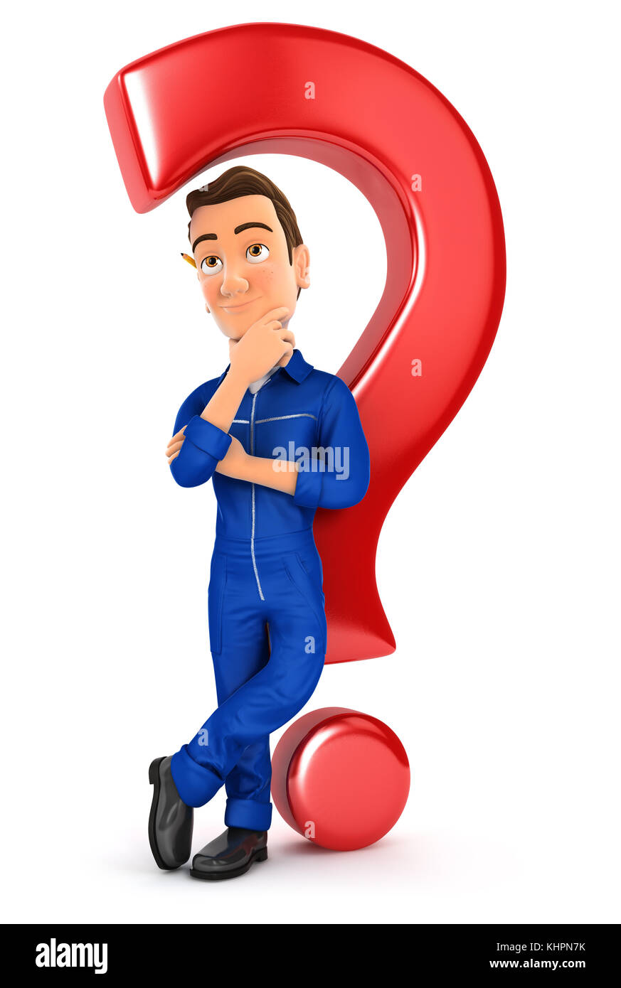3d mechanic leaning back against question mark, illustration with ...