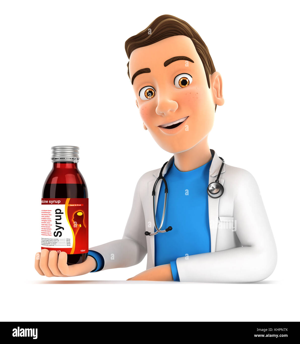 3d doctor presenting big syrup bottle, illustration with isolated white ...
