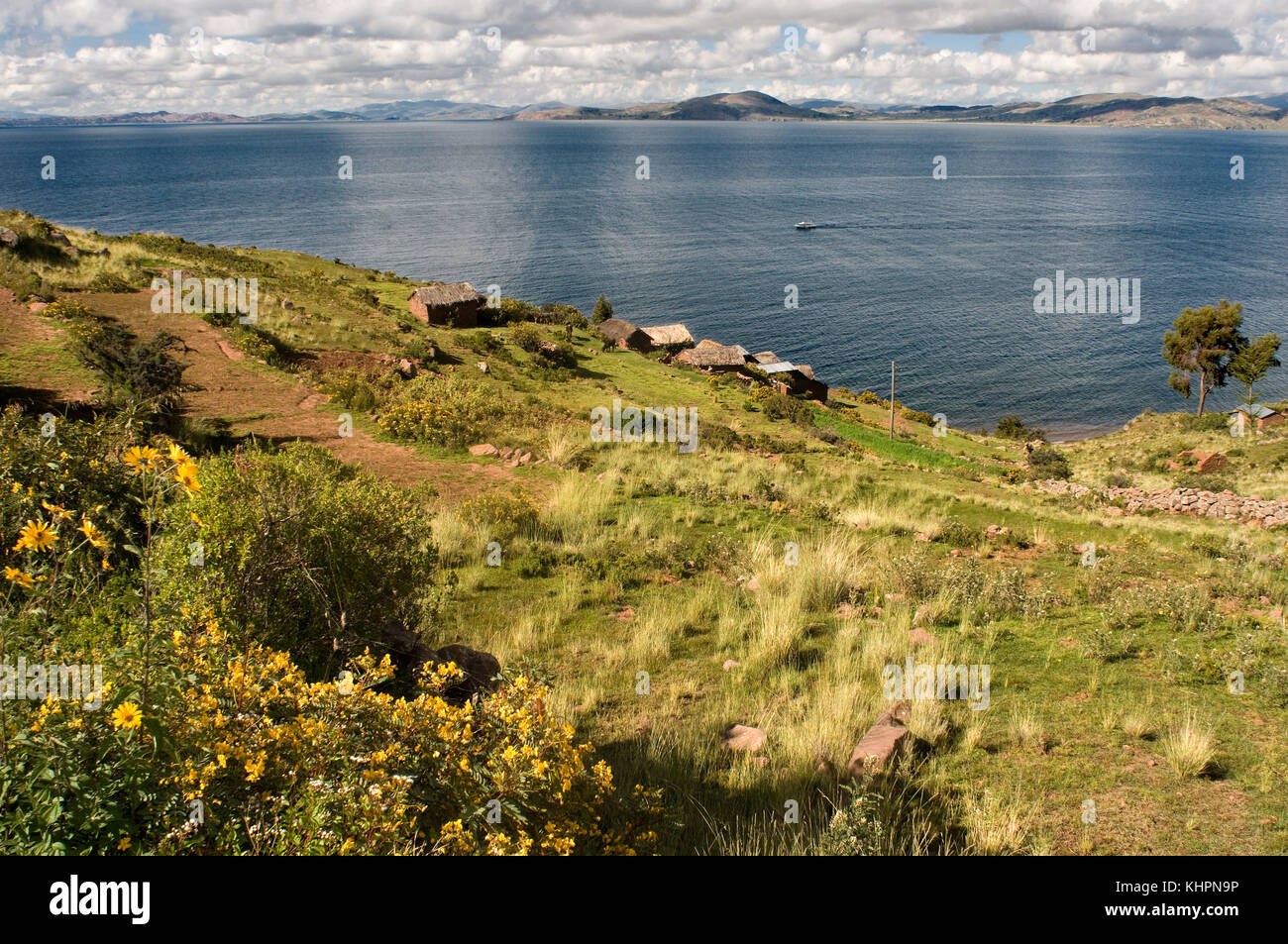 View of Lake Titicaca from the village of Llachón. Capachica Peninsula ...