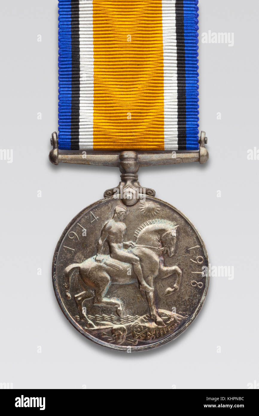 Reverse side of British War Medal on ribbon showing St George on ...