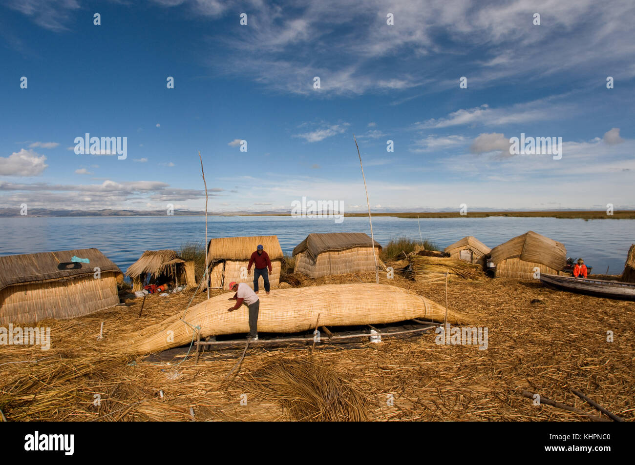 Uros Island, Lake Titicaca, peru, South America. Construction of a ...