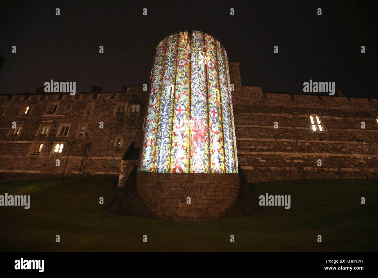 Christmas light projections on Garter Tower, Windsor Castle Stock Photo ...