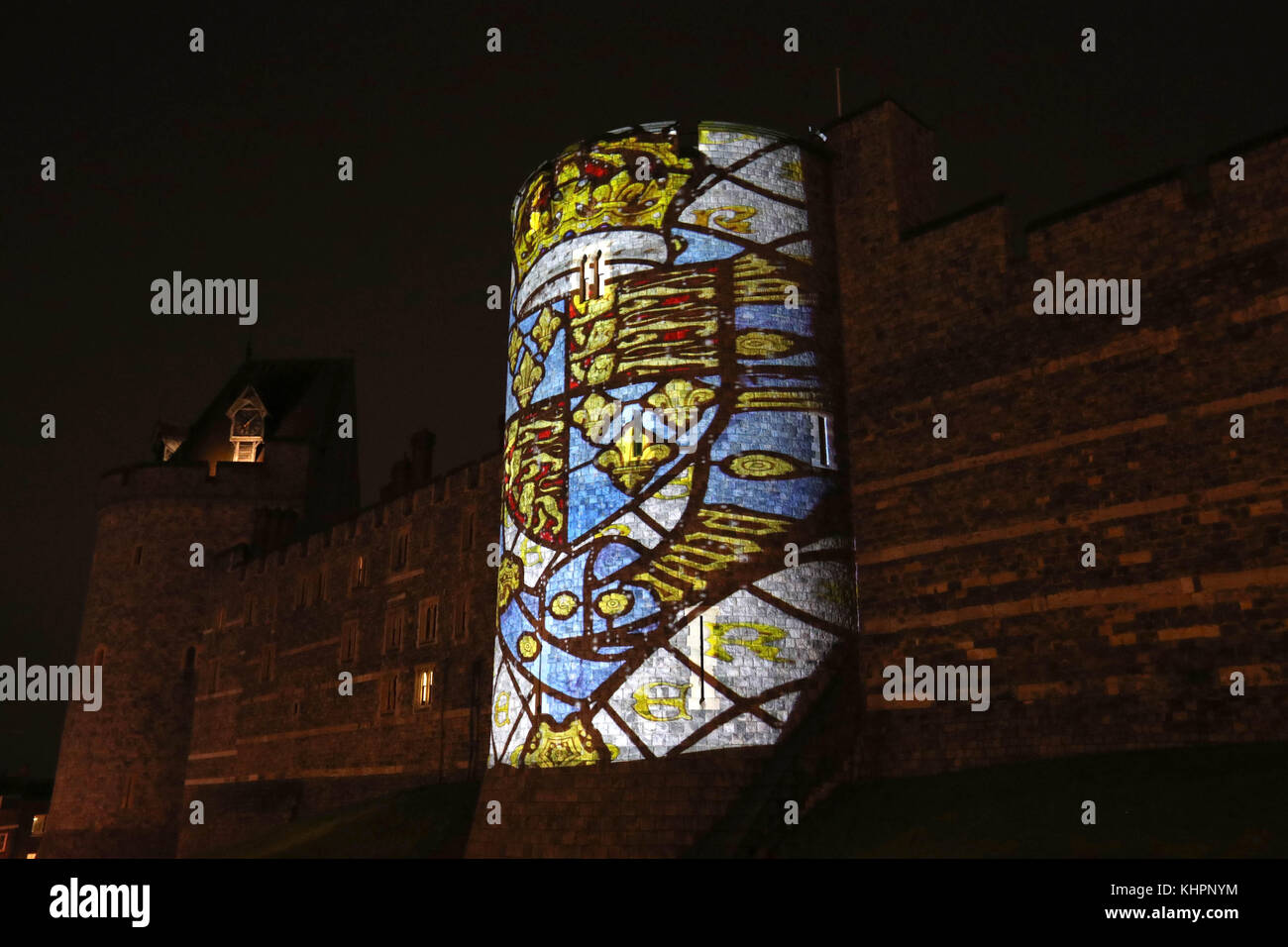 Christmas light projections on Garter Tower, Windsor Castle Stock Photo ...