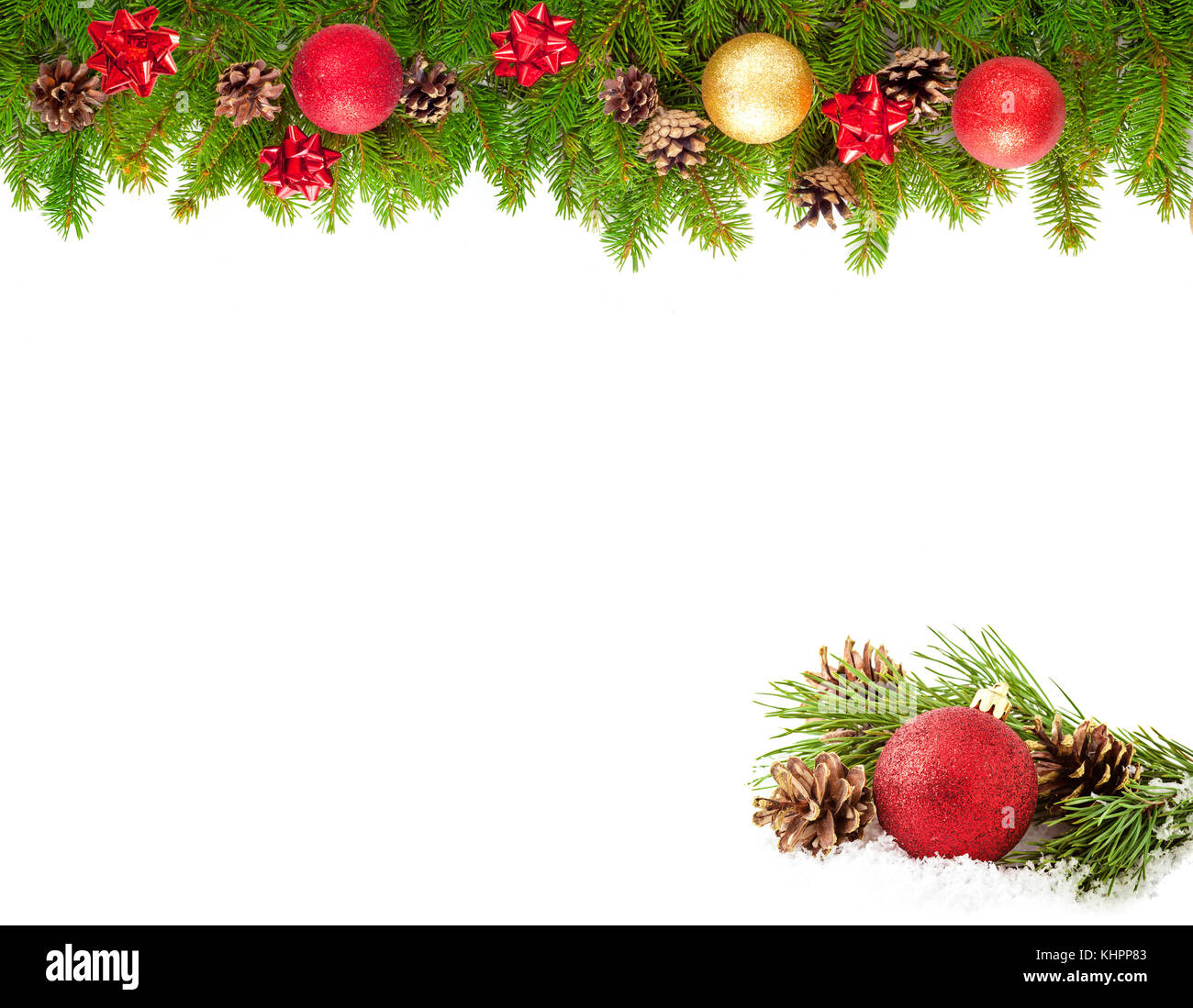 Christmas tree branches on white background as a border or template for ...