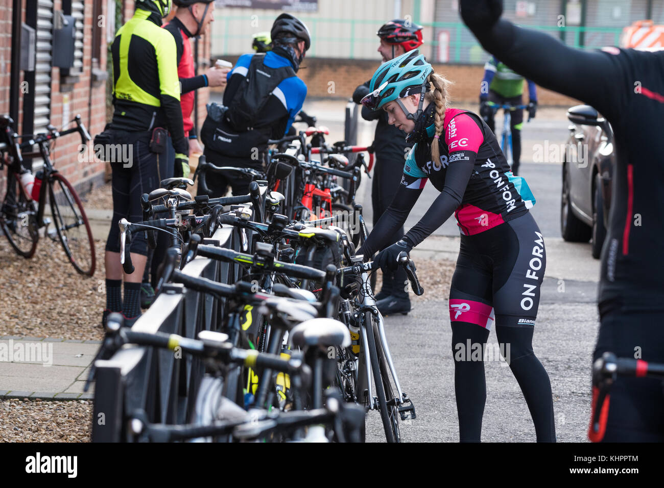 Cyclists on a saturday morning shop ride at wellingborough cycles Stock ...