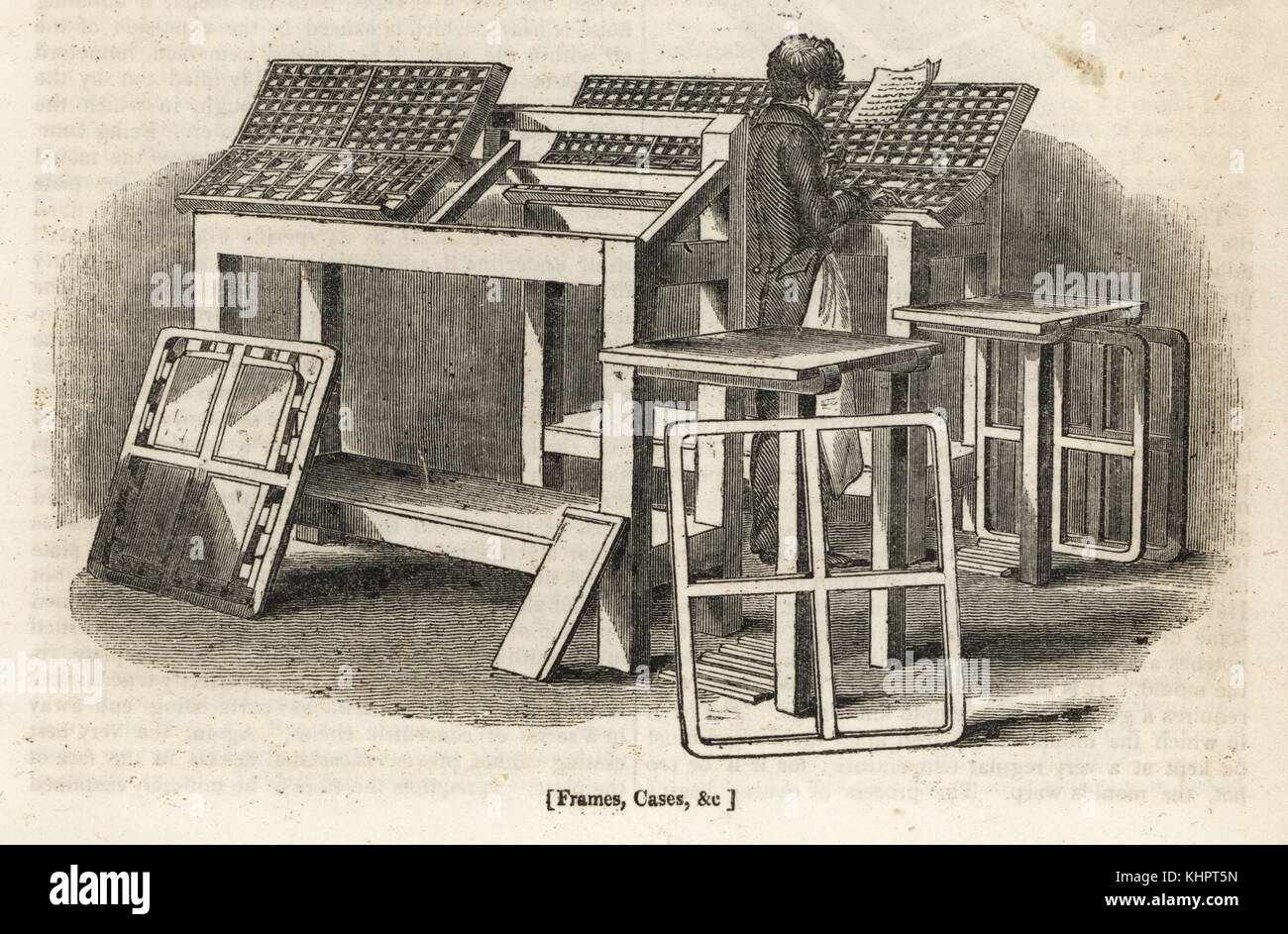Compositor setting type in printing frames and cases, 19th century ...