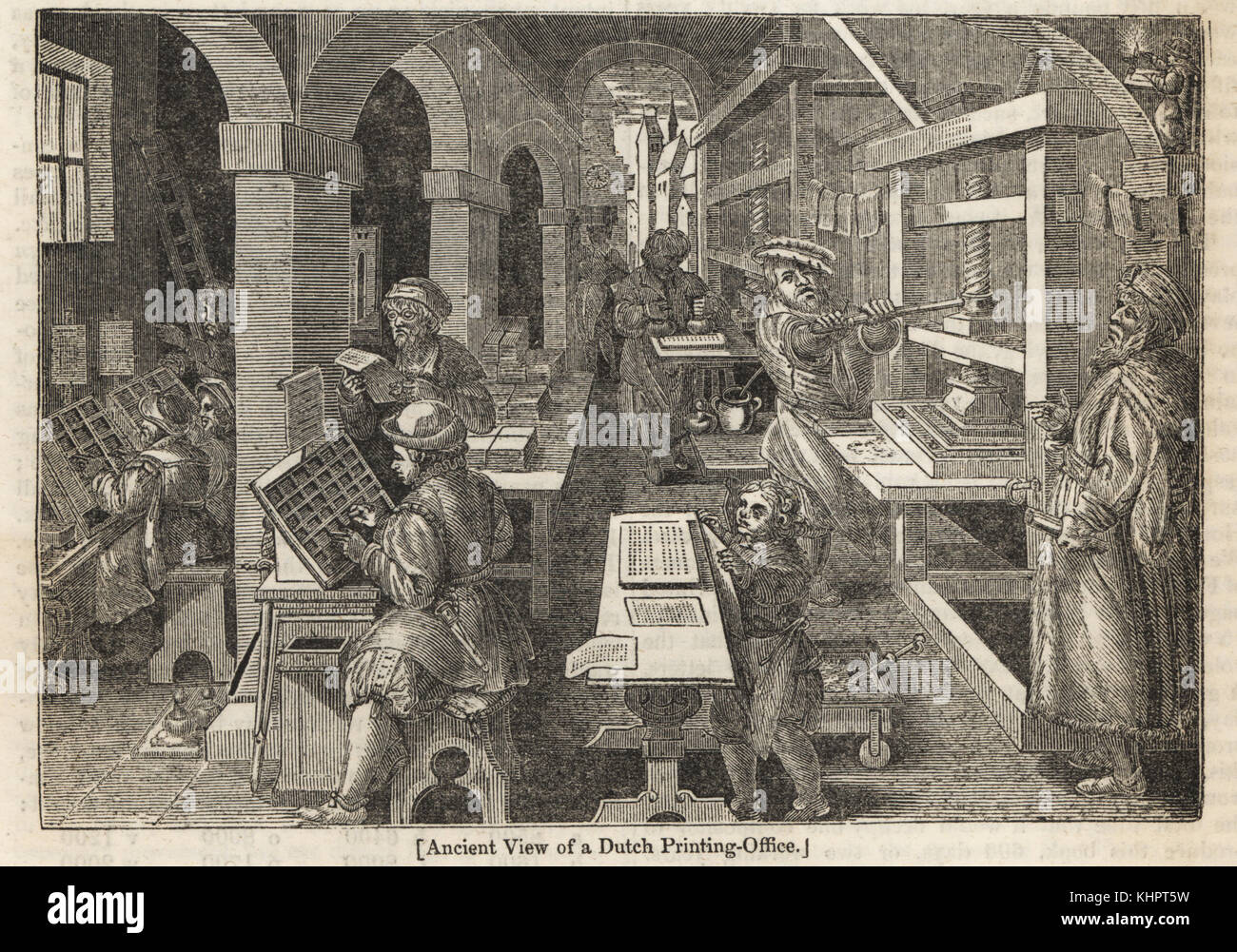 Ancient view of a Dutch printing office. A master printer directs ...