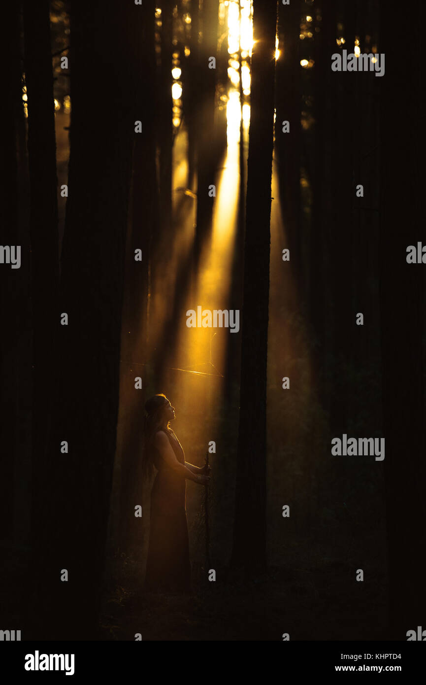 Girl in sun rays standing in forest Stock Photo - Alamy