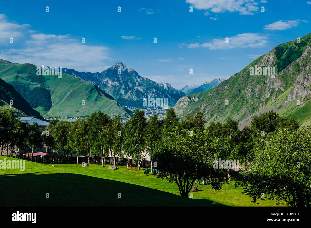 Mount Kazbek view from Stepantsminda town in Georgia in good weather ...