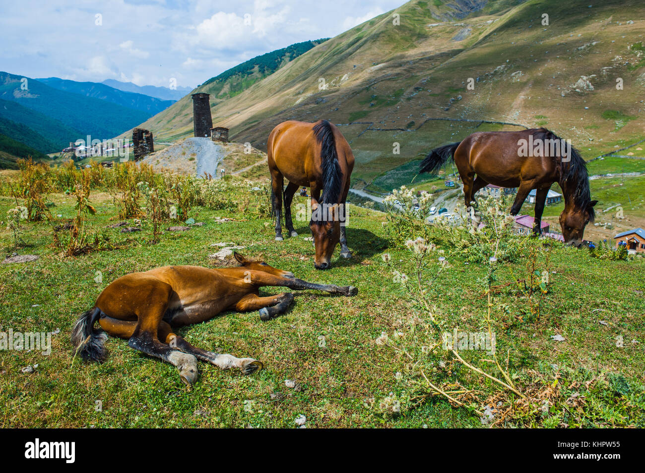 Village Ushguli landscape with massive rocky mountains Bezengi wall ...