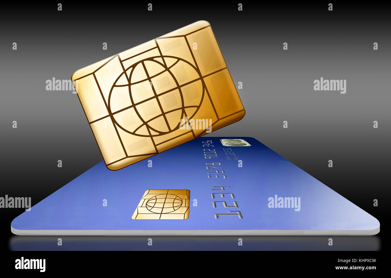 An EMV security chip is seen up close in a 3-d illustration about ...