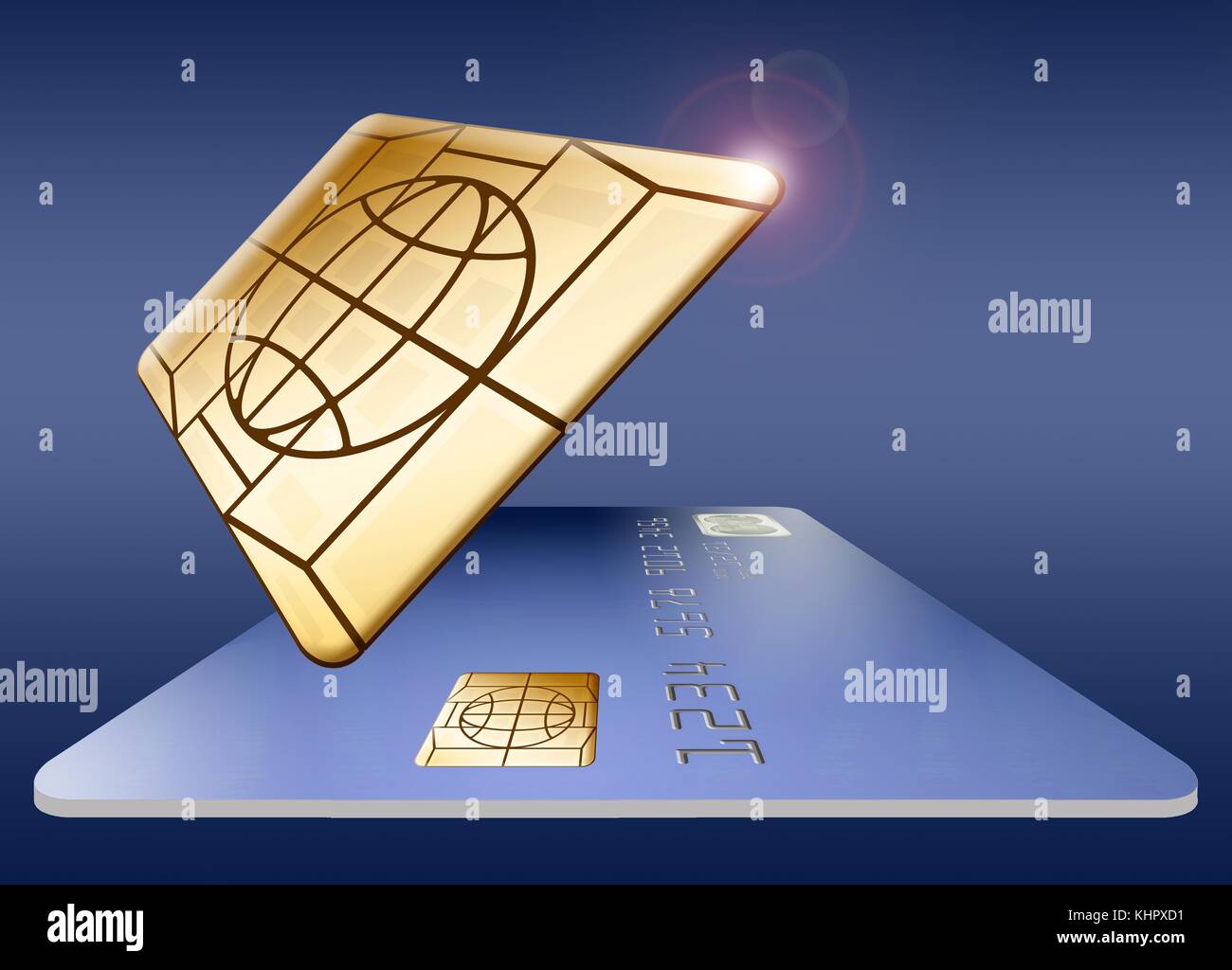 An EMV security chip is seen up close in a 3-d illustration about ...