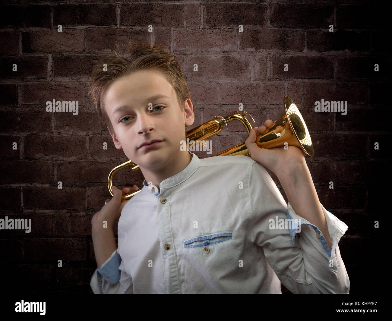 Boy With Bugle/Trumpet Stock Photo - Alamy