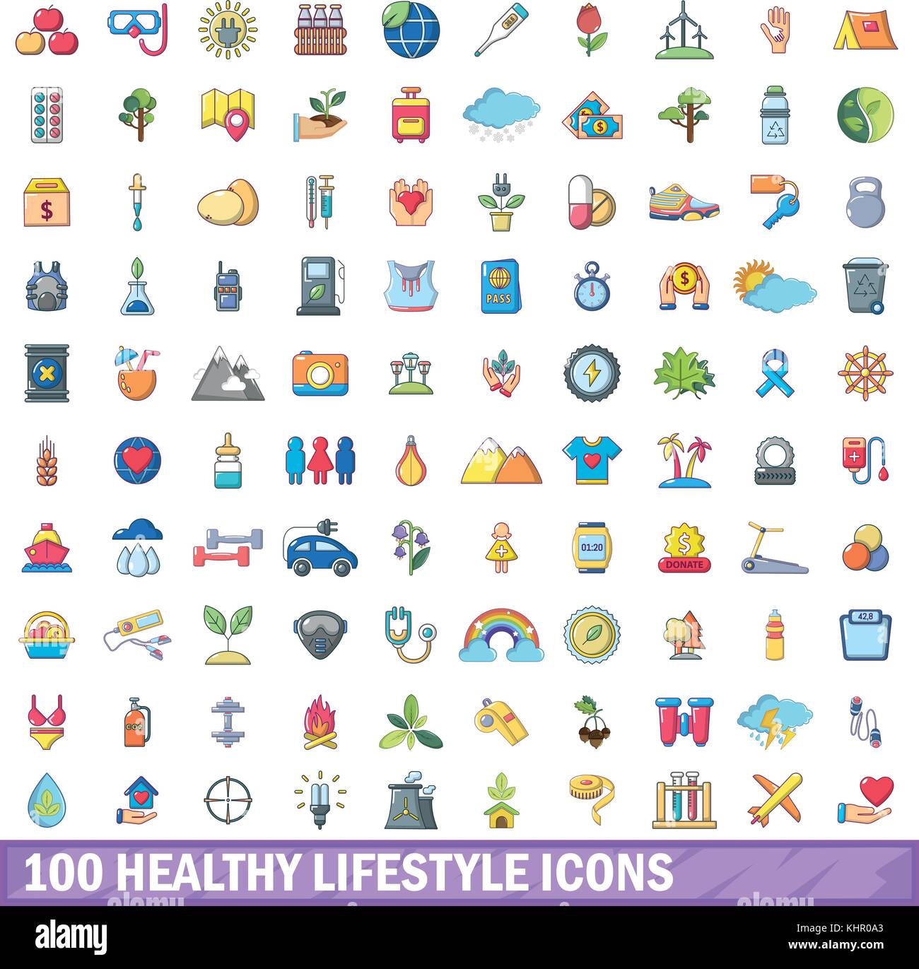 100 healthy lifestyle icons set, cartoon style Stock Vector Image & Art ...