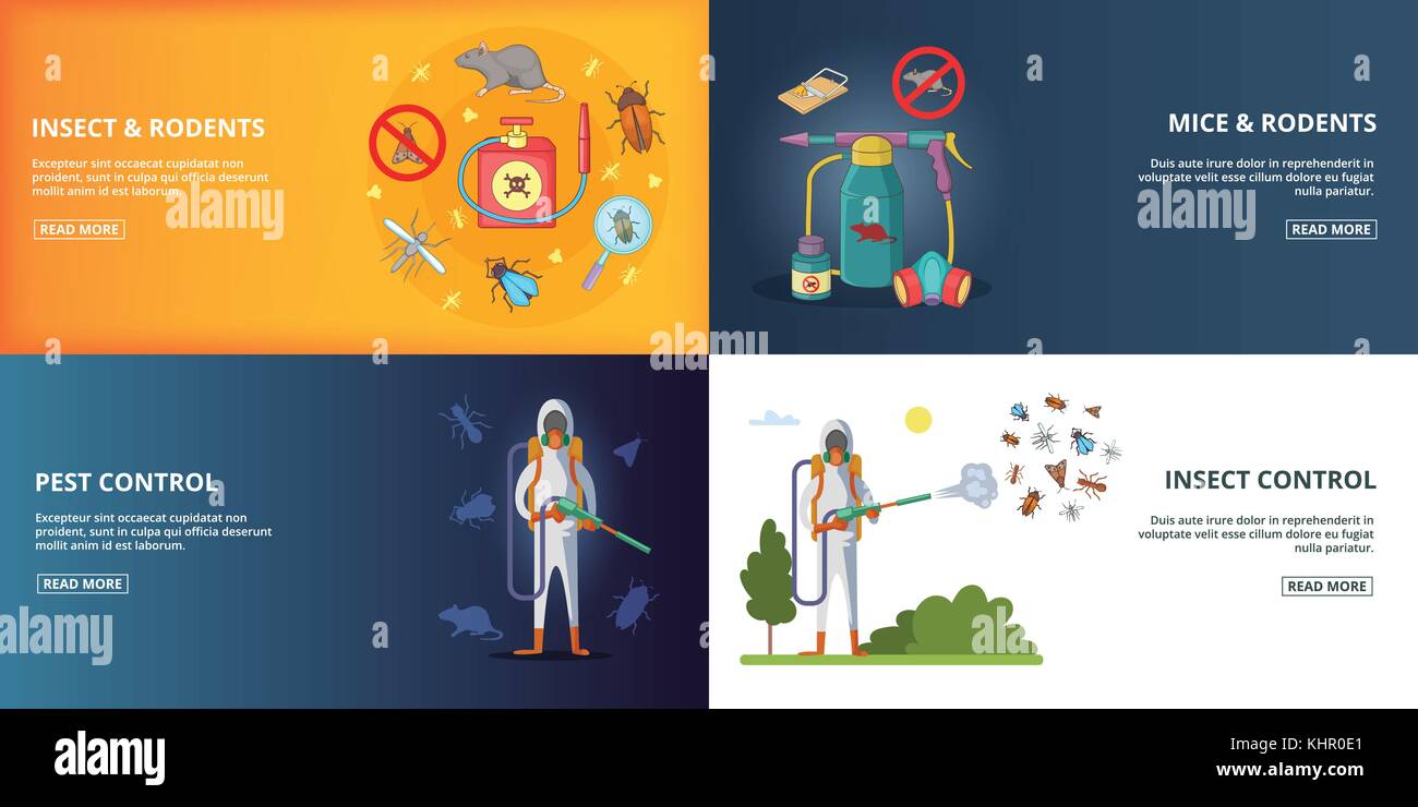 Pest control horizontal banners set cartoon vector illustration Stock ...