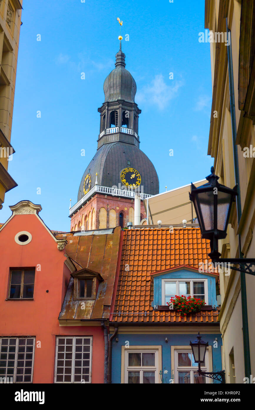 Riga's Old Town street view to the tower of the Cathedral of St. James ...