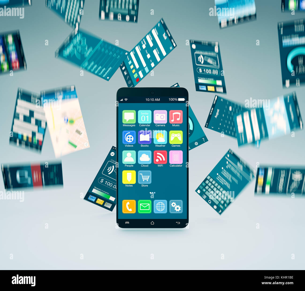 smartphone with app screens that falling background (3d render Stock ...
