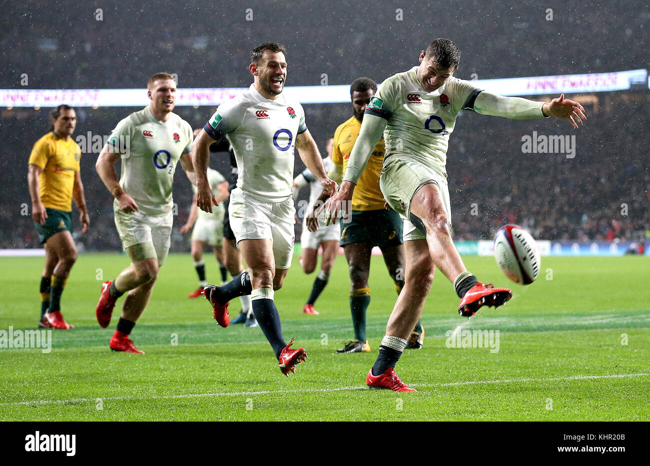 England's Jonny May celebrates scoring his side's third try during the ...