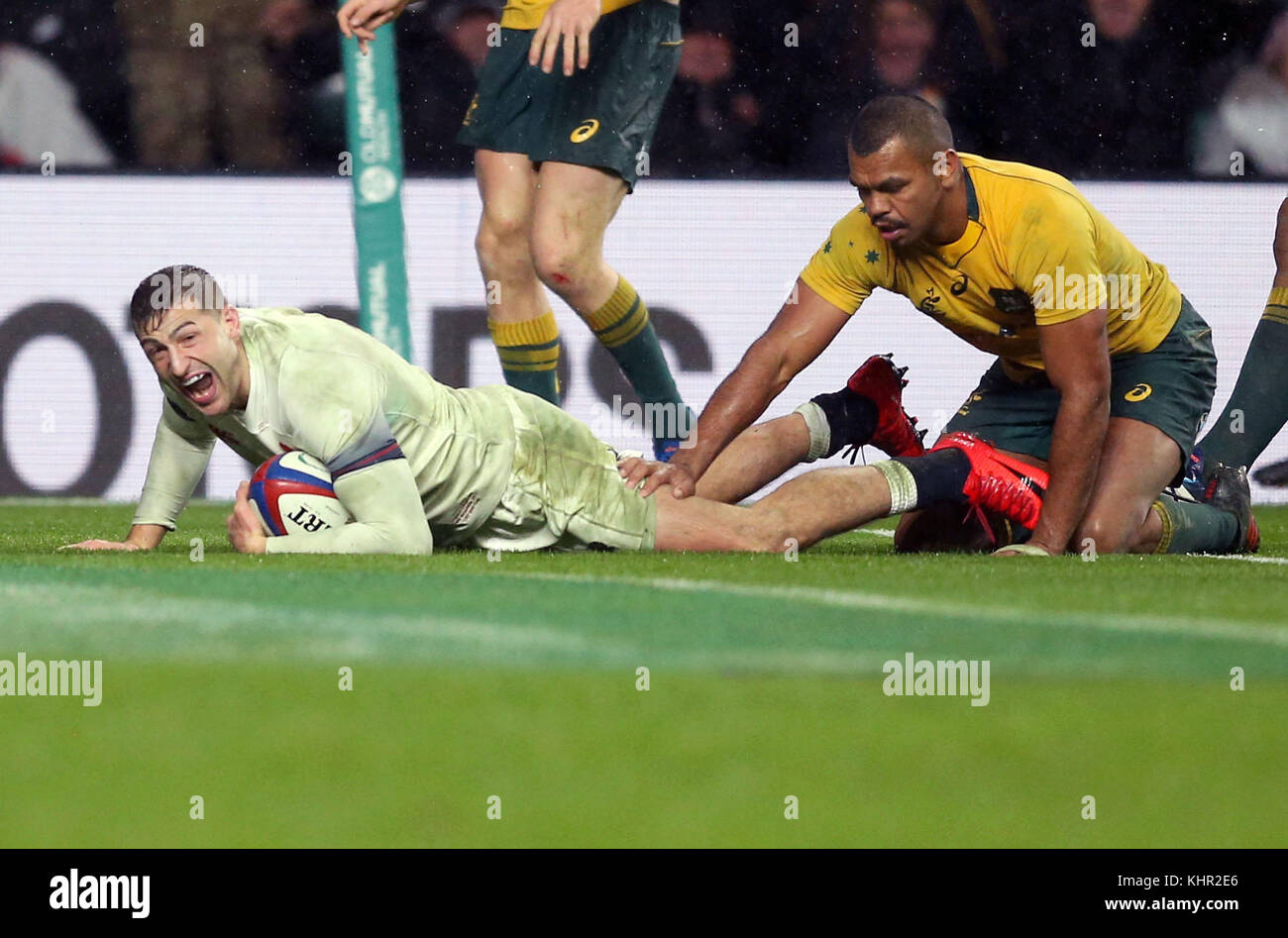 England's Jonny May celebrates scoring their third try during the ...