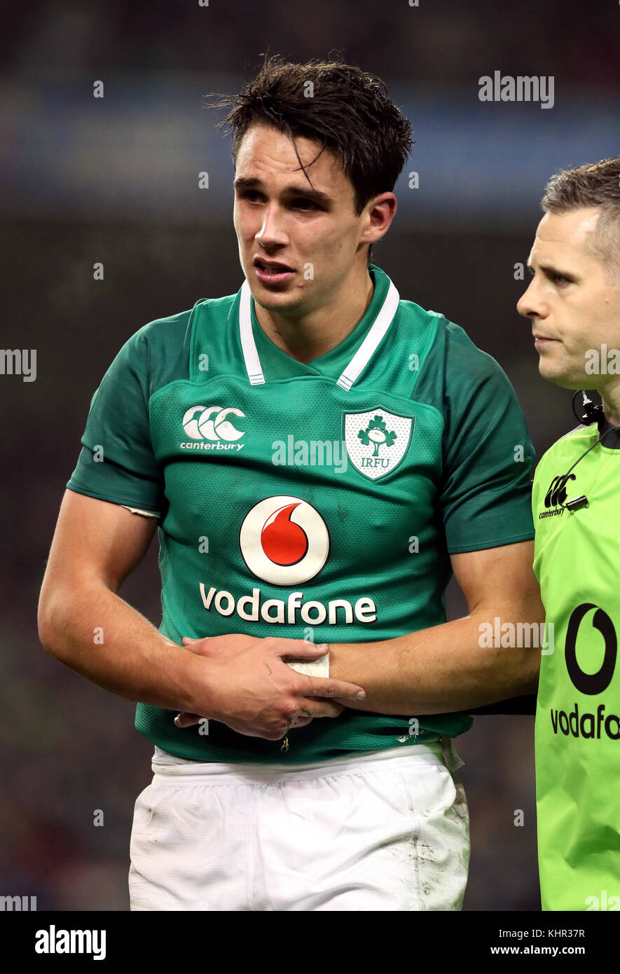 Ireland's Joey Carbery leaves the field with an injury during the ...