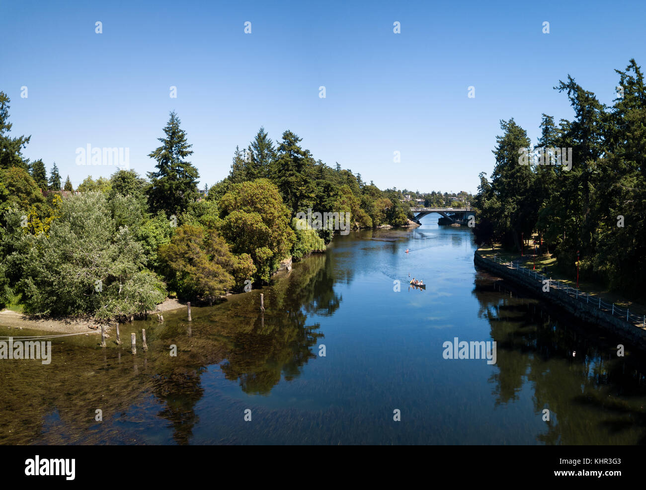 Aerial panoramic view of the river with a kayak during a sunny summer ...