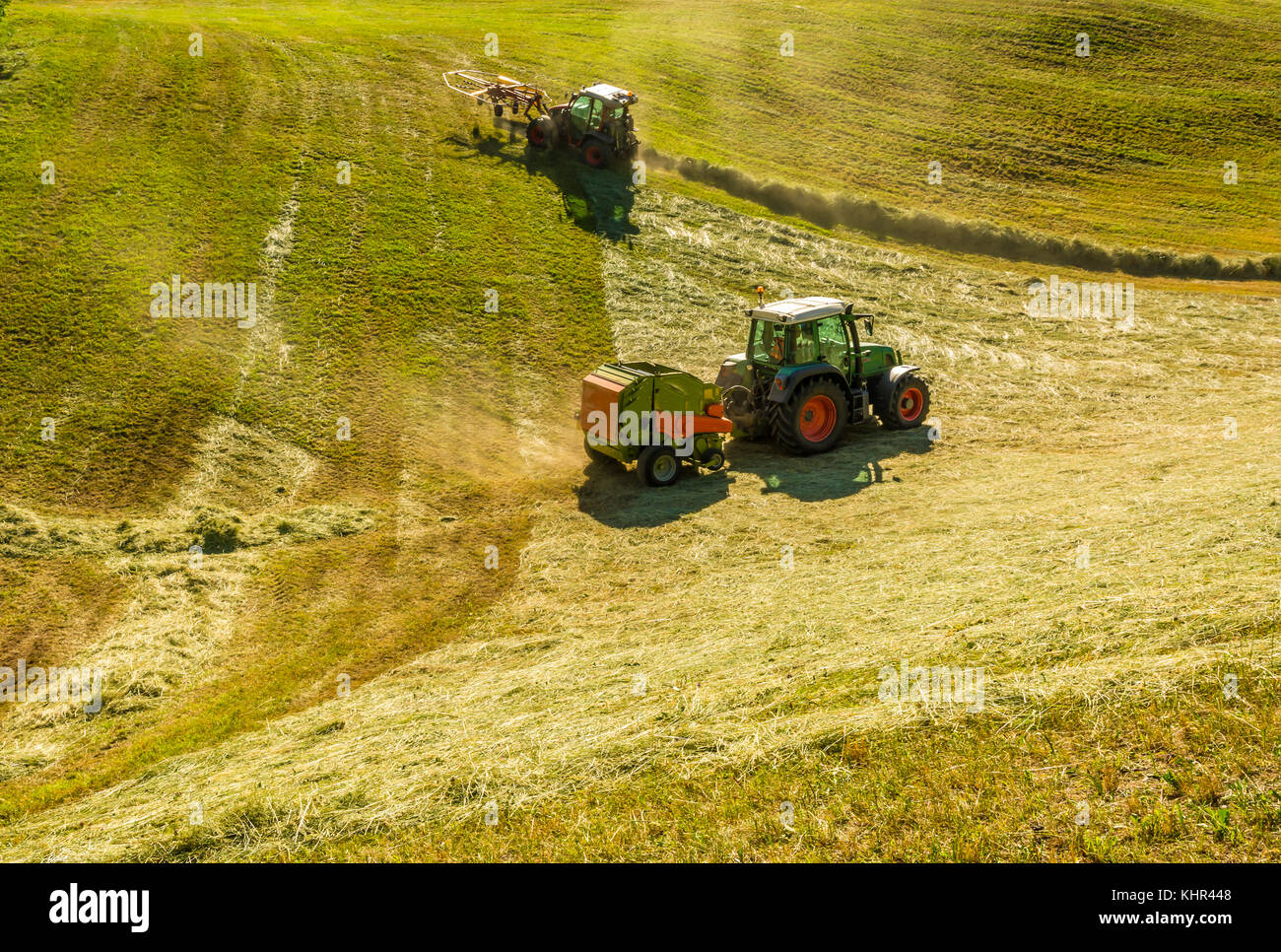 Haymaking on a hillside with rows of hay, a hay tedder and a hay-loader ...