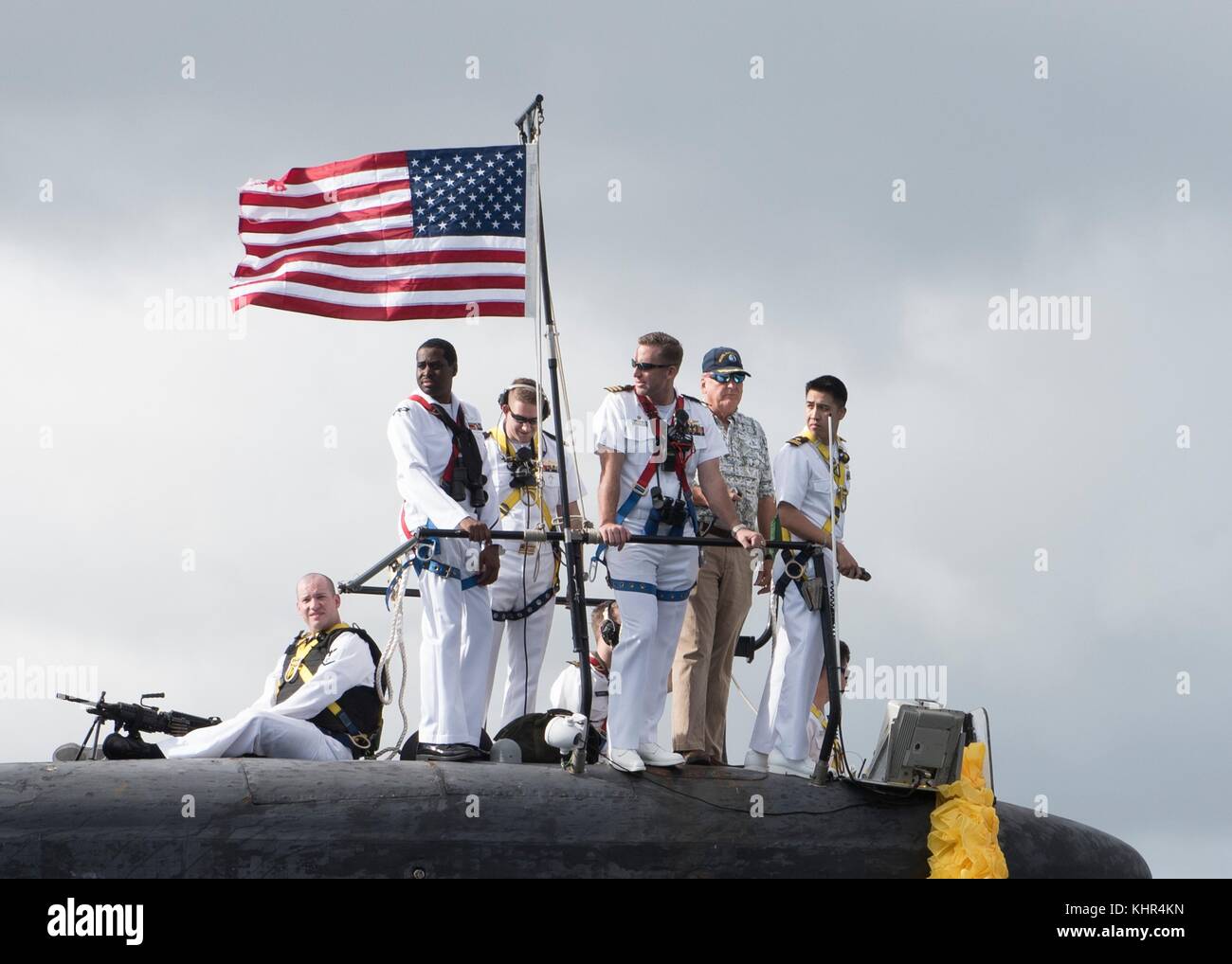 U.S. Navy sailors man the rails as the U.S. Navy Los Angeles-class fast ...