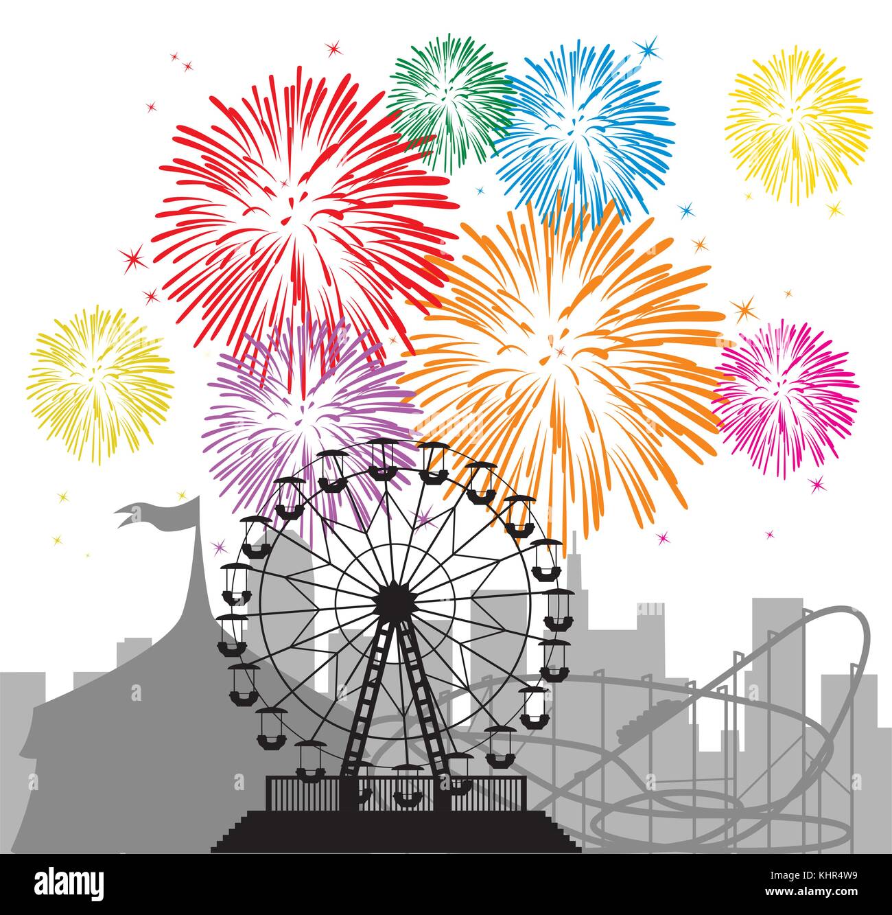 vector fireworks and silhouettes of a city and amusement park with ...