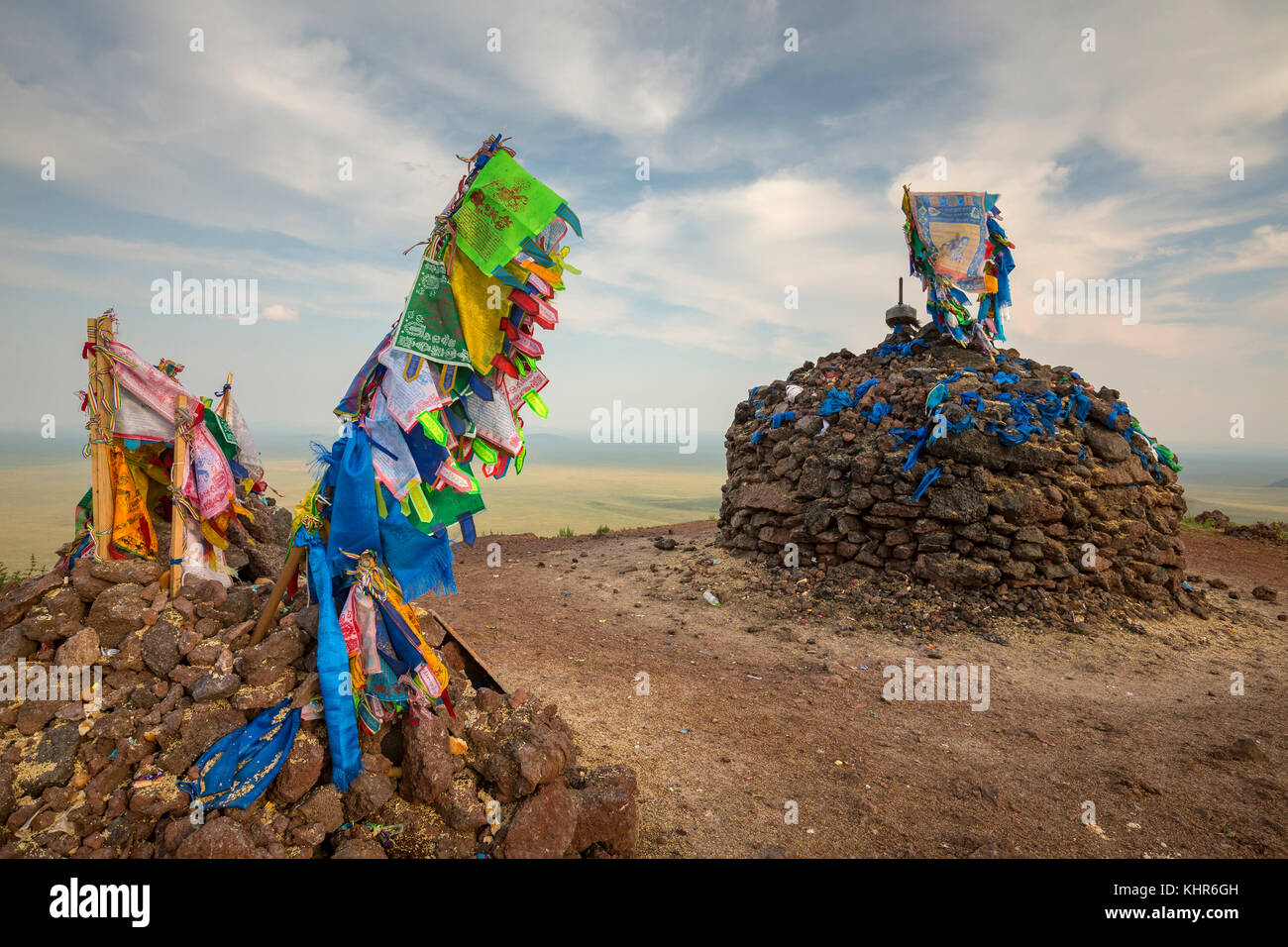 Ovoo, a sacred monument, on top of Shiliin Bogd, eastern Mongolia Stock ...