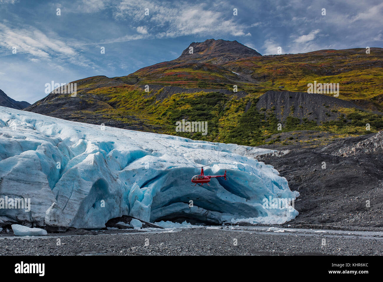Helicopter in front of Nuka Glacier, Kenai National Wildlife Refuge ...