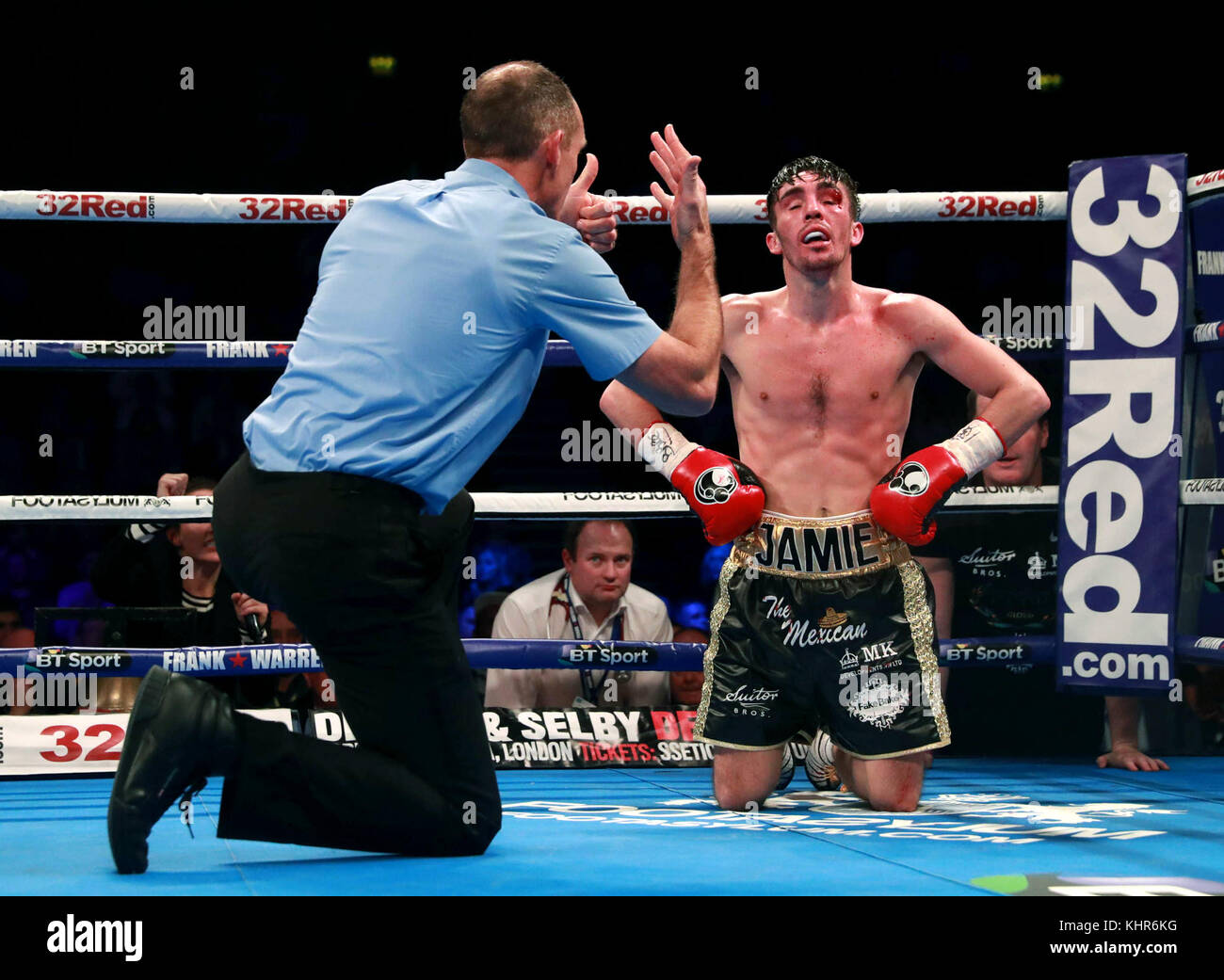 The referee counts to Jamie Conlan during the IBF Super-Flyweight ...